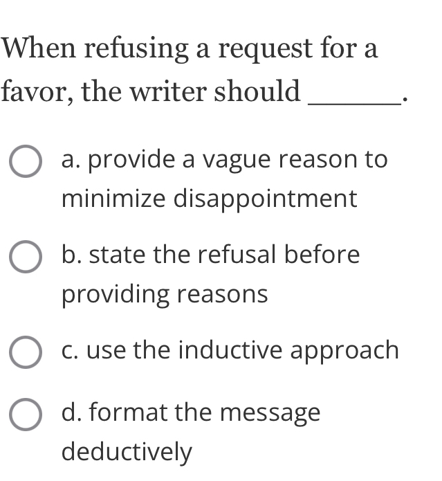 Solved When refusing a request for a favor, the writer | Chegg.com
