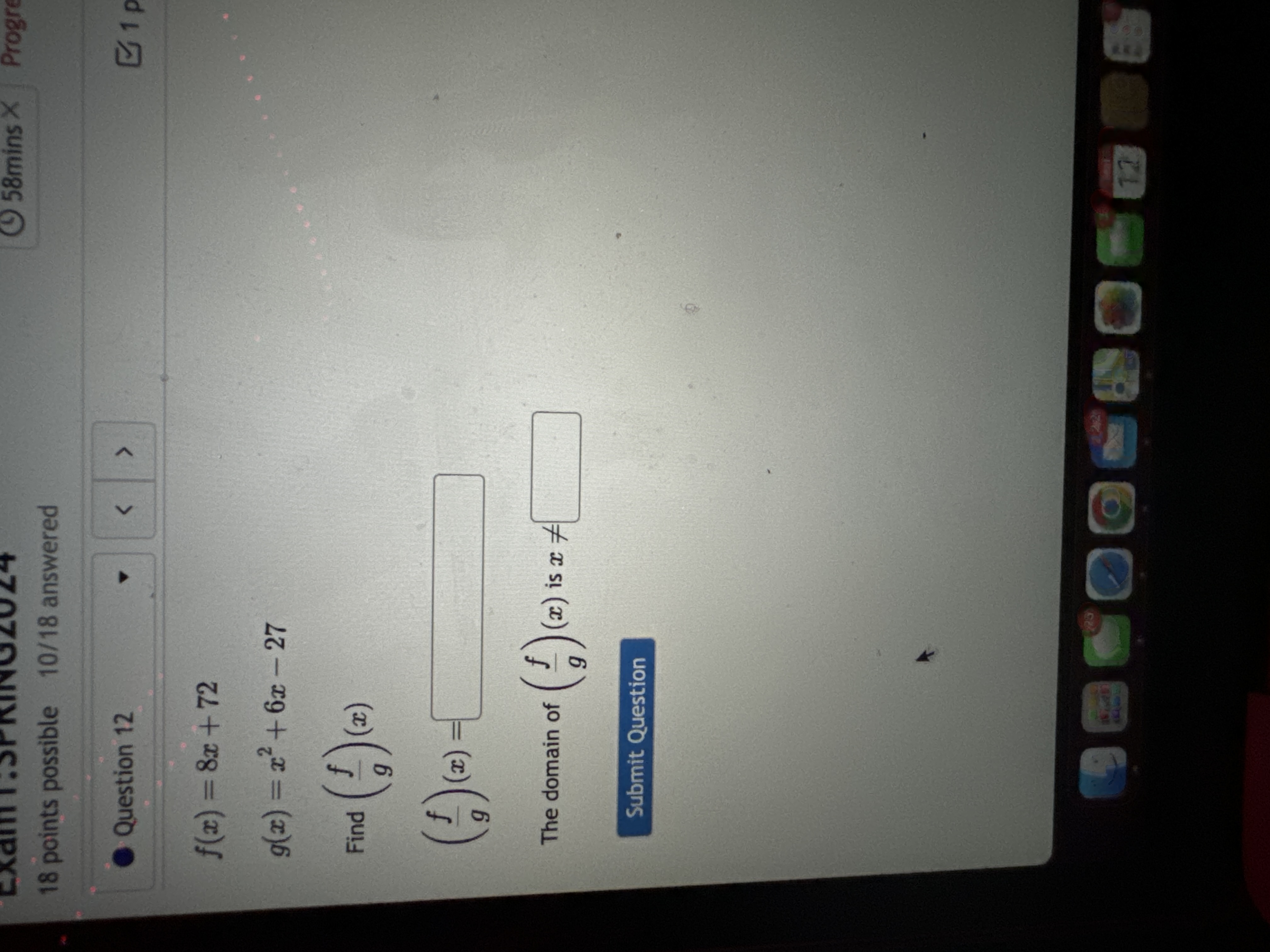 Solved f(x)=8x+72g(x)=x2+6x-27Find (fg)(x)(fg)(x)=The domain | Chegg.com