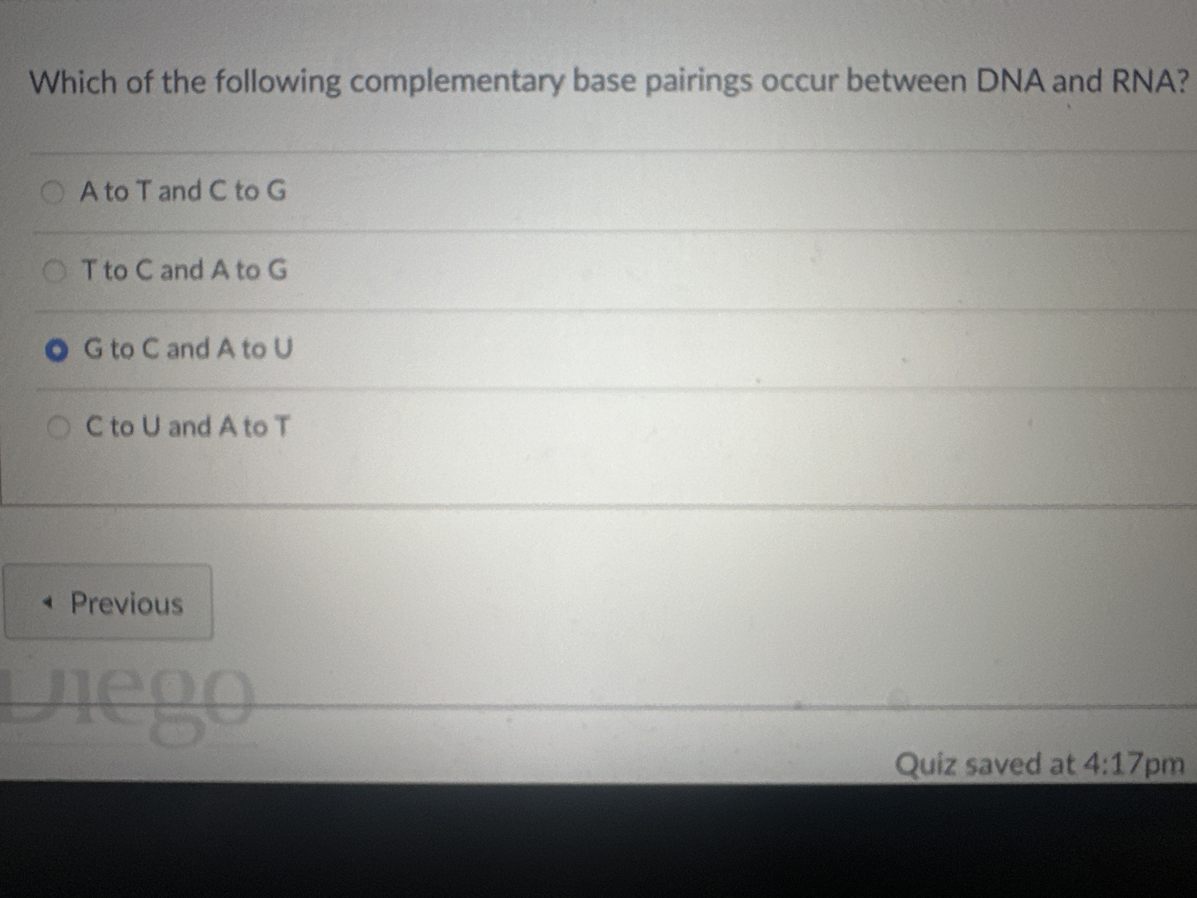 Solved Which of the following complementary base pairings | Chegg.com