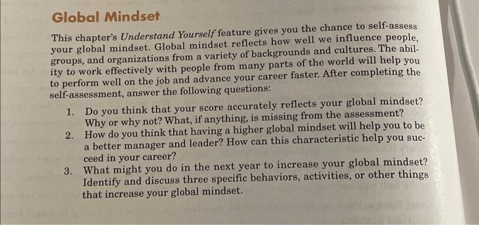 Global Mindset This chapter's Understand Yourself | Chegg.com