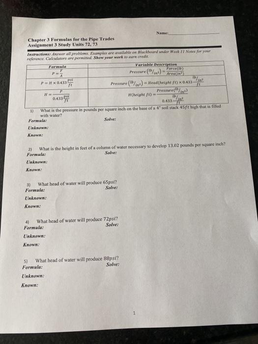 Solved Name Chapter 3 Formulas for the Pipe Trades | Chegg.com