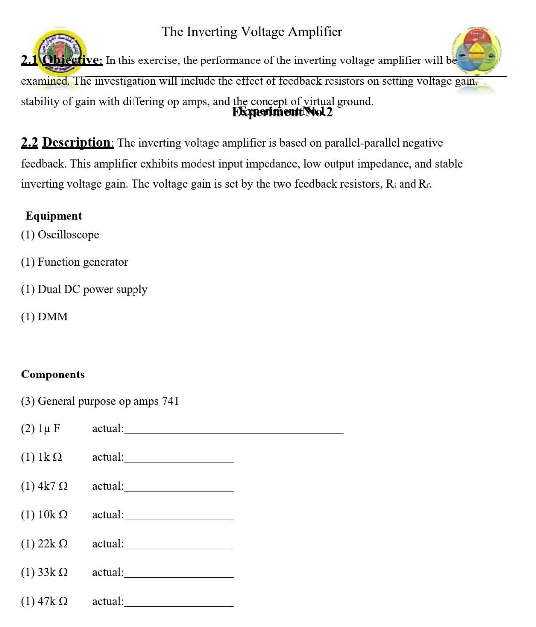 Solved The Inverting Voltage Amplifier 2.1 Objective: In | Chegg.com