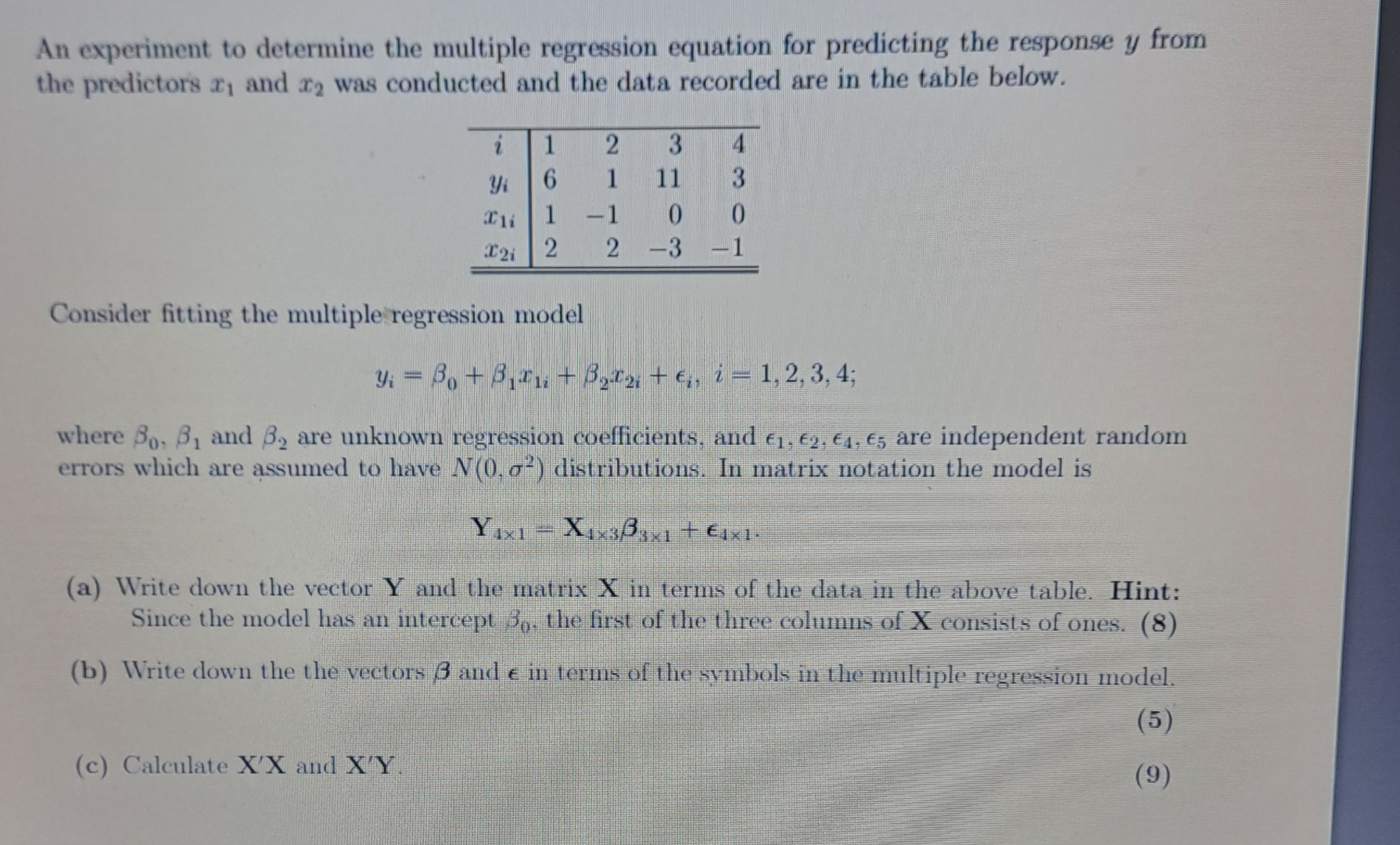 Solved An experiment to determine the multiple regression | Chegg.com