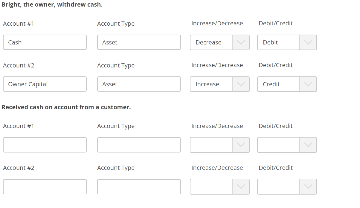 Solved Bright, the owner, withdrew cash.Account #1Account | Chegg.com