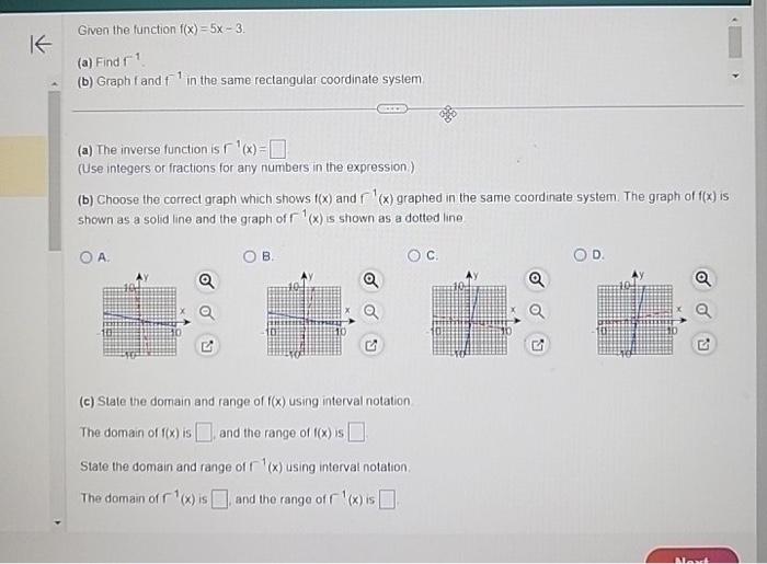 Solved Given the function f(x)=5x−3. (a) Find f−1 (b) Graph | Chegg.com