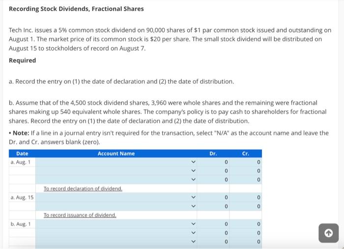 Recording Stock Dividends, Fractional Shares Tech | Chegg.com