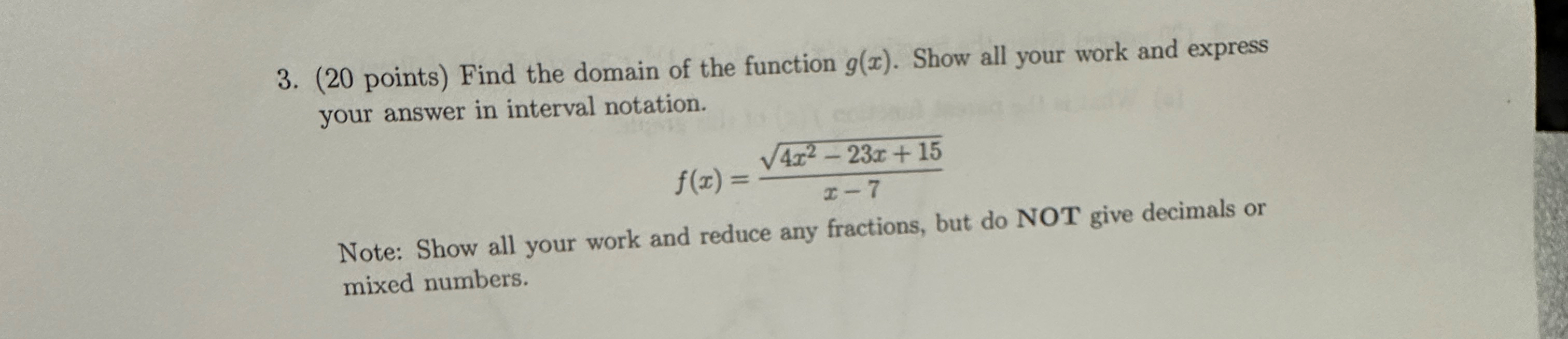 Solved (20 ﻿points) ﻿Find the domain of the function g(x). | Chegg.com