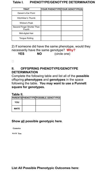 Solved Table I. PHENOTYPE/GENOTYPE DETERMINATION 2) If | Chegg.com