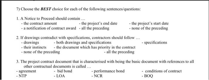 Solved 7) Choose the BEST choice for each of the following | Chegg.com
