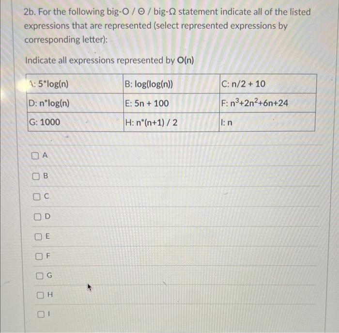 Solved 2b. For the following big-O / Θ/ big- Ω statement | Chegg.com