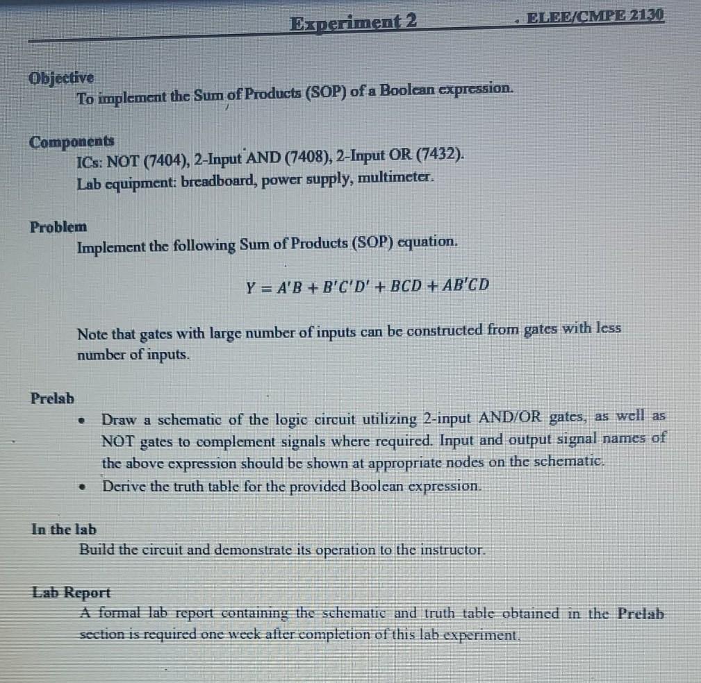 Solved ELEEICMPE 2130 Experiment 2 Objective To implement | Chegg.com