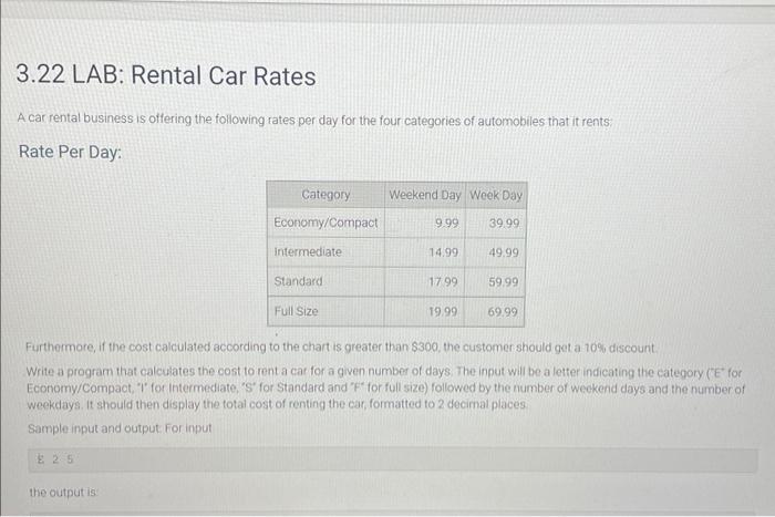 Solved A car rental business is offering the following rates | Chegg.com