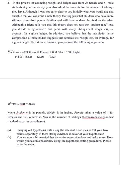 Solved 2. In the process of collecting weight and height | Chegg.com