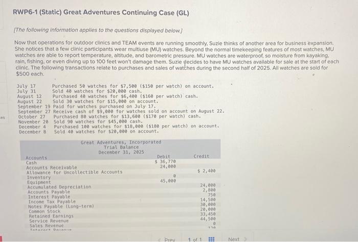 RWP6-1 (Static) Great Adventures Continuing Case (GL) | Chegg.com