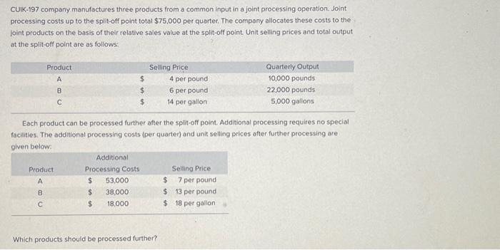 Solved CUIK-197 company manufoctures three products from a | Chegg.com