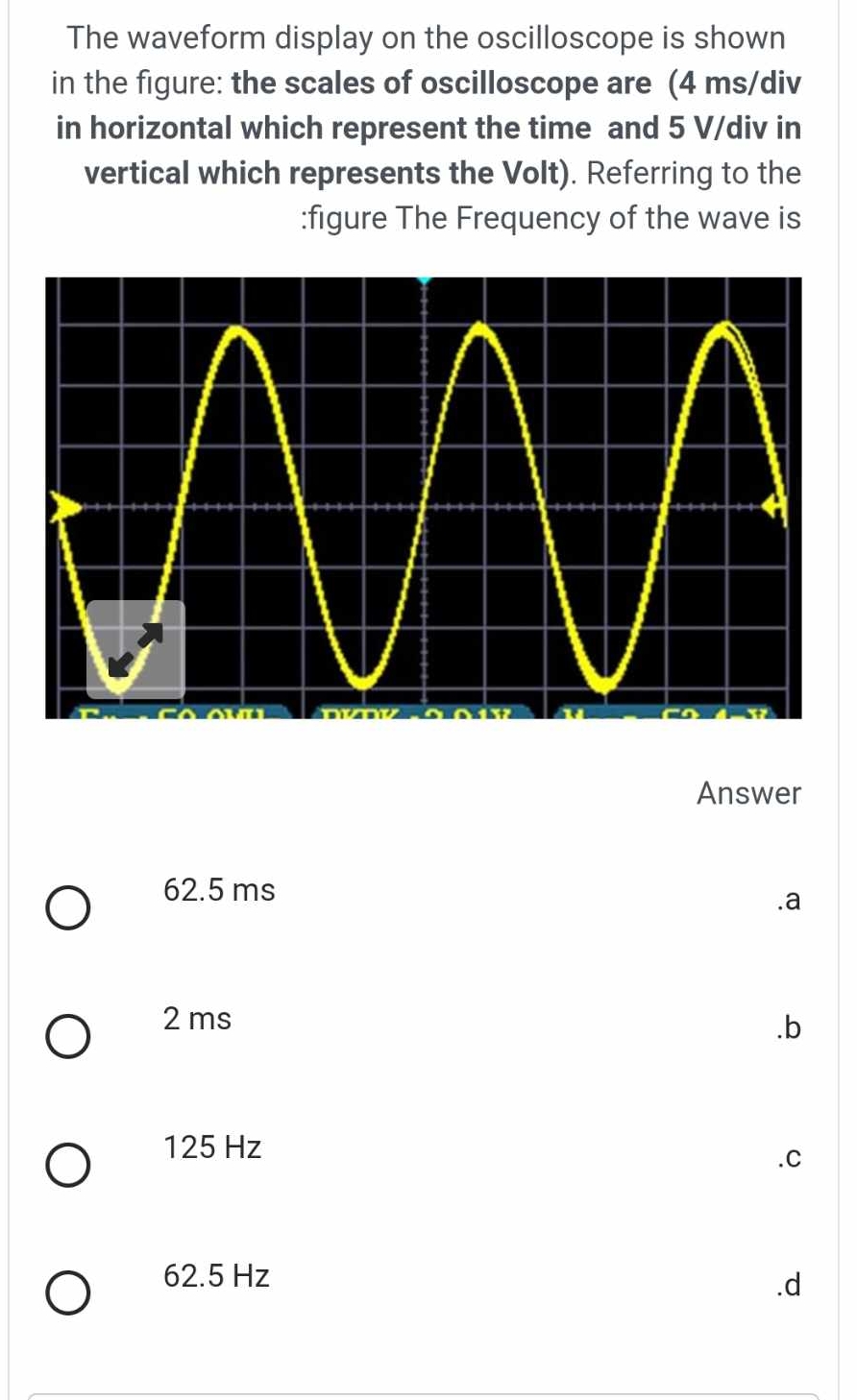 Solved The waveform display on the oscilloscope is shown in | Chegg.com