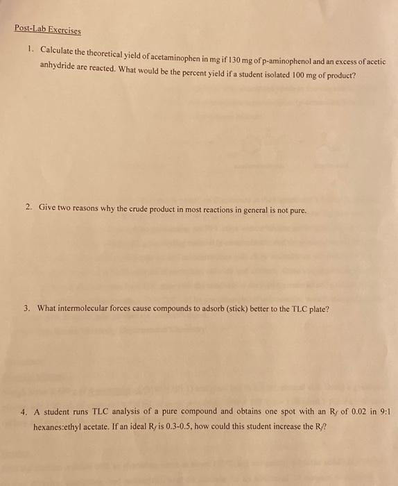 Solved Post-Lab Exercises 1. Calculate the theoretical yield | Chegg.com