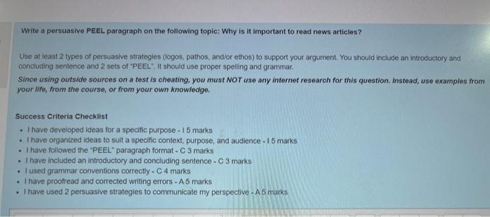 Write a persuasive PEEL paragraph on the following | Chegg.com