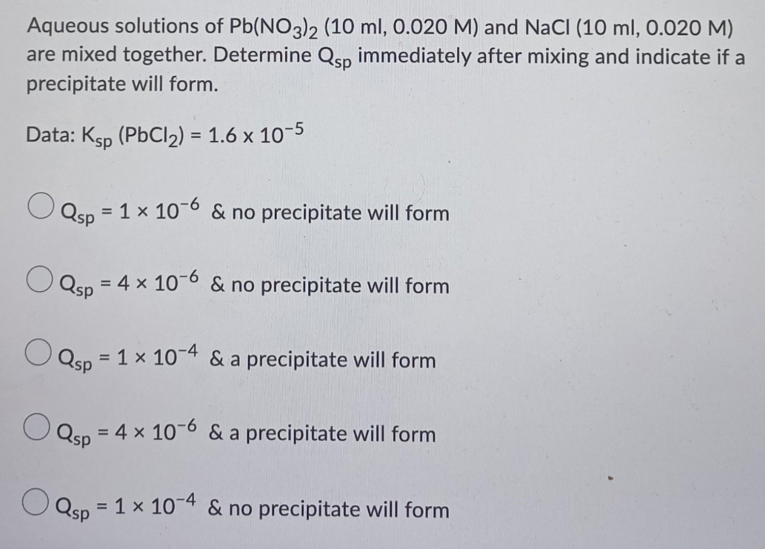 Solved Aqueous solutions of Pb(NO3)2 (10 ml, 0.020 M) and | Chegg.com