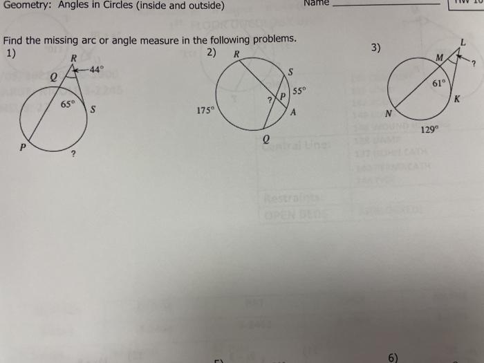 Solved Geometry: Angles in Circles inside and outside) Name | Chegg.com
