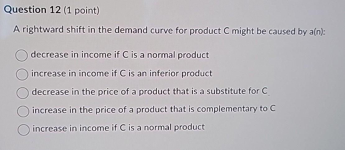 Solved Question 12 (1 ﻿point)A rightward shift in the demand | Chegg.com