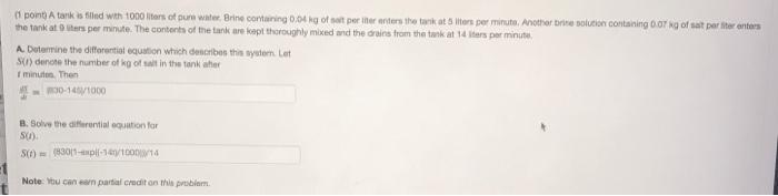 Solved pont) A tank as filed wh 1000 liters of pure water. | Chegg.com