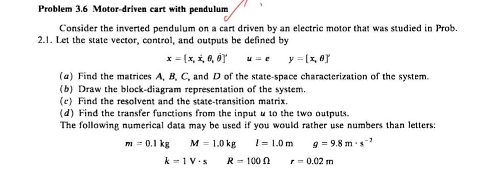 Solved Problem 6.1 Inverted pendulum on cart: state variable | Chegg.com