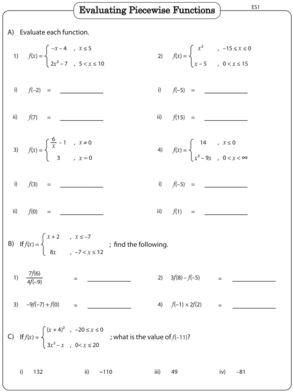 Solved ES1 Evaluating Piecewise Functions A) Evaluate each | Chegg.com