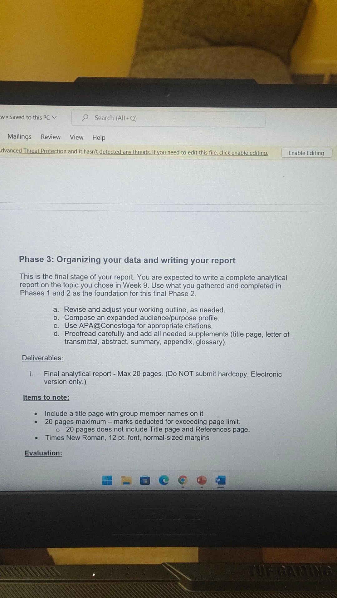 Phase 3: Organizing your data and writing your report | Chegg.com