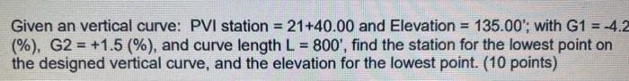 Solved Given an vertical curve: PVI station = 21+40.00 and | Chegg.com