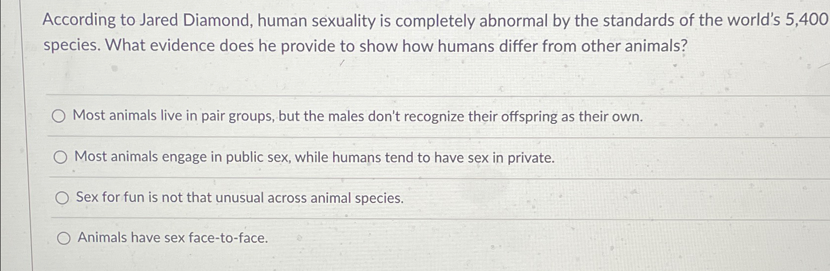 Solved According To Jared Diamond Human Sexuality Is 8603