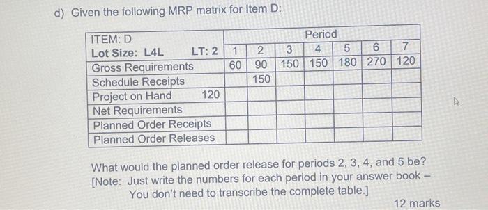Solved d) Given the following MRP matrix for Item D: What | Chegg.com