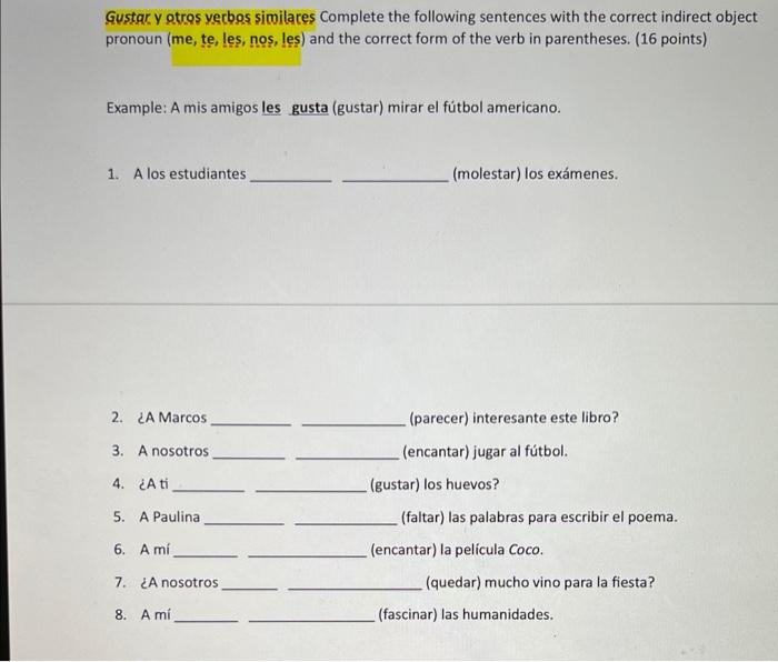 Gustar y otros verbos similares Complete the | Chegg.com