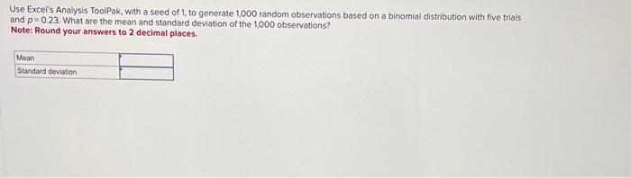 Solved Use Excel's Analysis ToolPak, with a seed of 1, to | Chegg.com