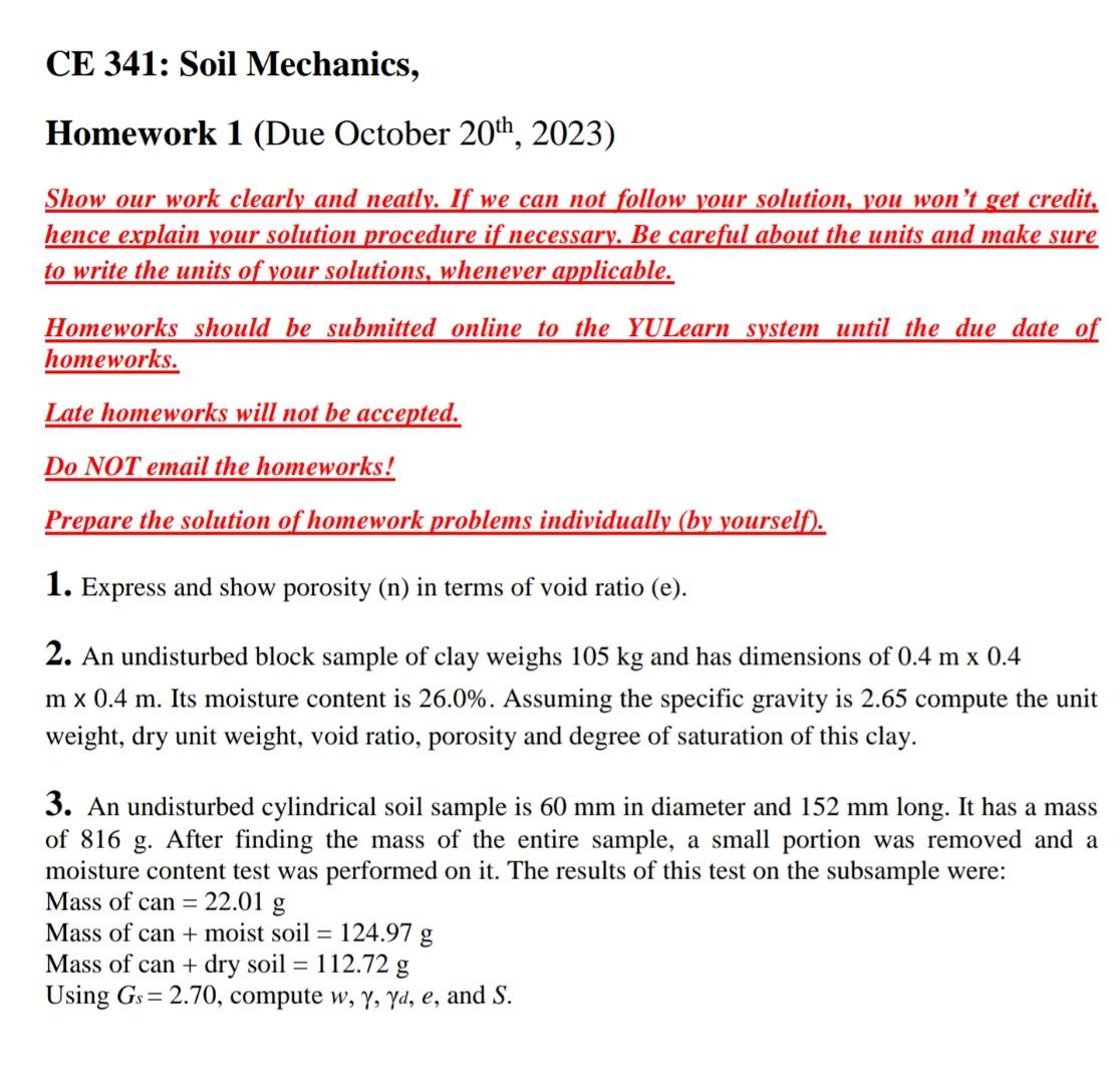 Solved CE 341: Soil Mechanics, Homework 1 (Due October 20th | Chegg.com