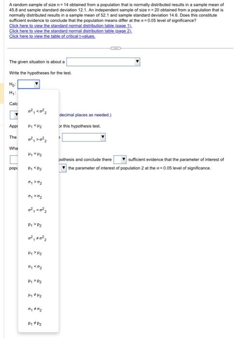 Solved A random sample of size n=14 obtained from a | Chegg.com