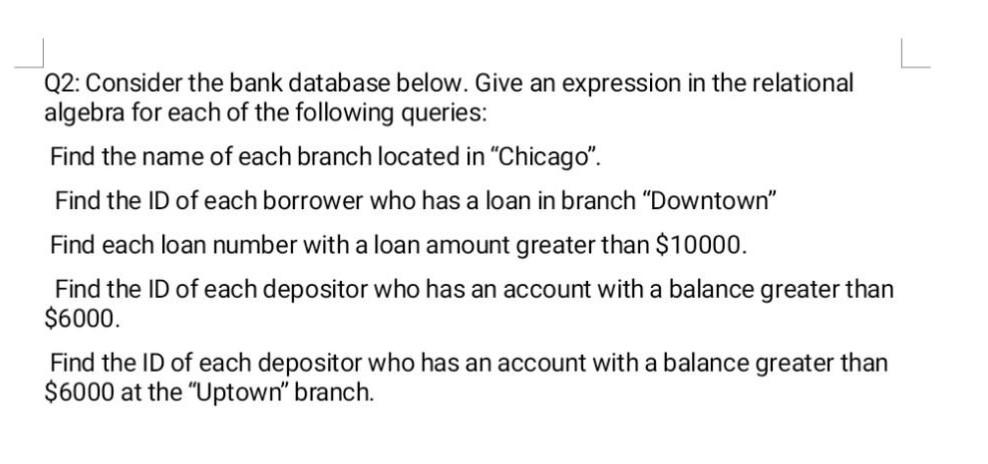 Solved Q2: Consider the bank database below. Give an | Chegg.com