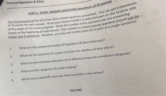 Solved Financial Regulation \& Ethics 1. What are the | Chegg.com
