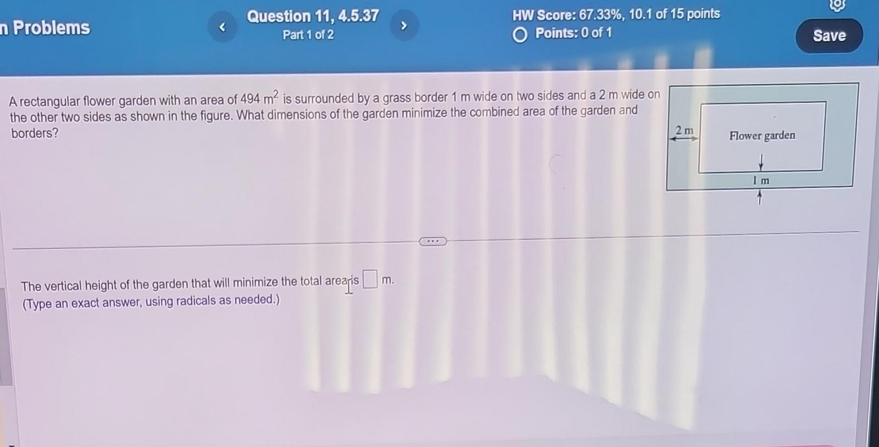 Solved A rectangular flower garden with an area of 494 m2 is | Chegg.com