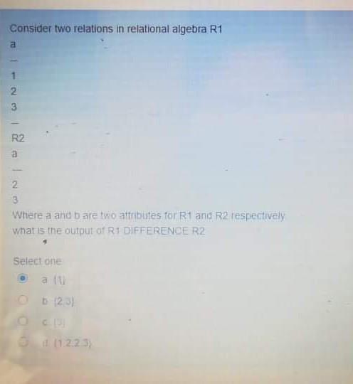 Solved Consider two relations in relational algebra R1 a 3 1 | Chegg.com