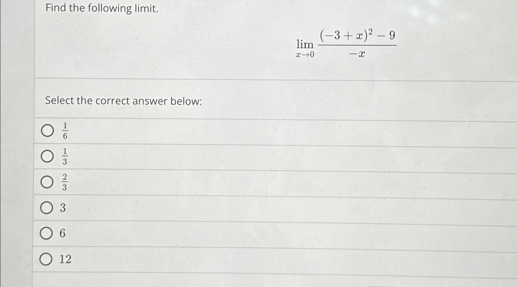 Solved Find the following limit.limx→0(-3+x)2-9-xSelect the | Chegg.com