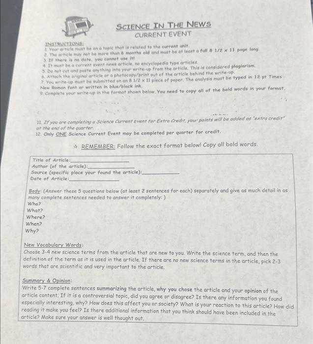 SCIENCE IN THE NEWS CURRENT EVENT INSTRUCTIONS: 1. | Chegg.com