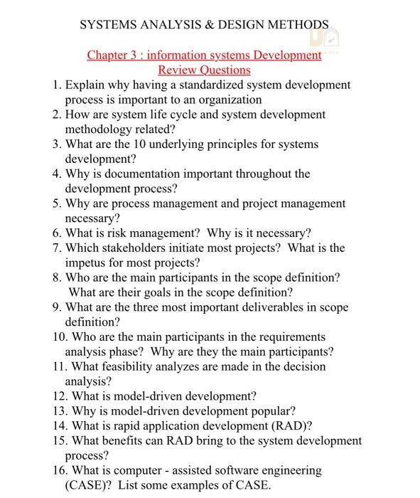Solved SYSTEMS ANALYSIS & DESIGN METHODS Chapter 3 : | Chegg.com