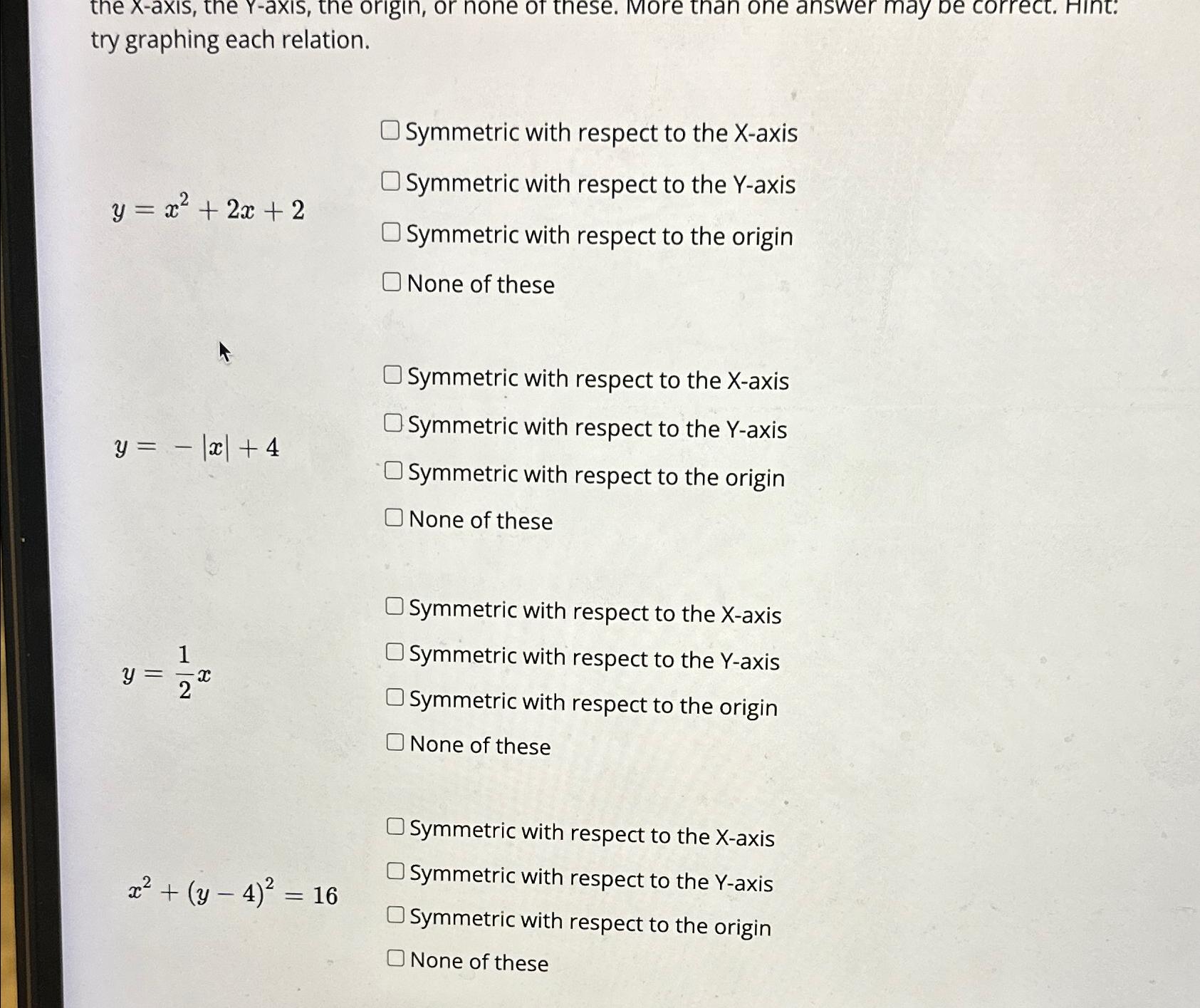 Solved try graphing each relation.y=x2+2x+2Symmetric with | Chegg.com