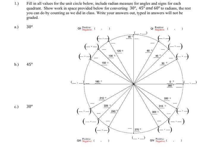 Solved 1.) Fill in all values for the unit circle below, | Chegg.com
