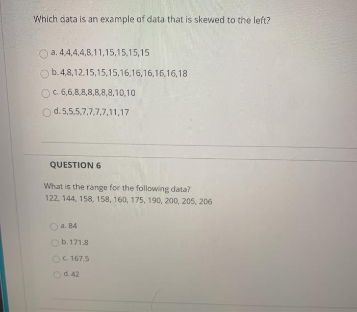 Solved Which data is an example of data that is skewed to | Chegg.com