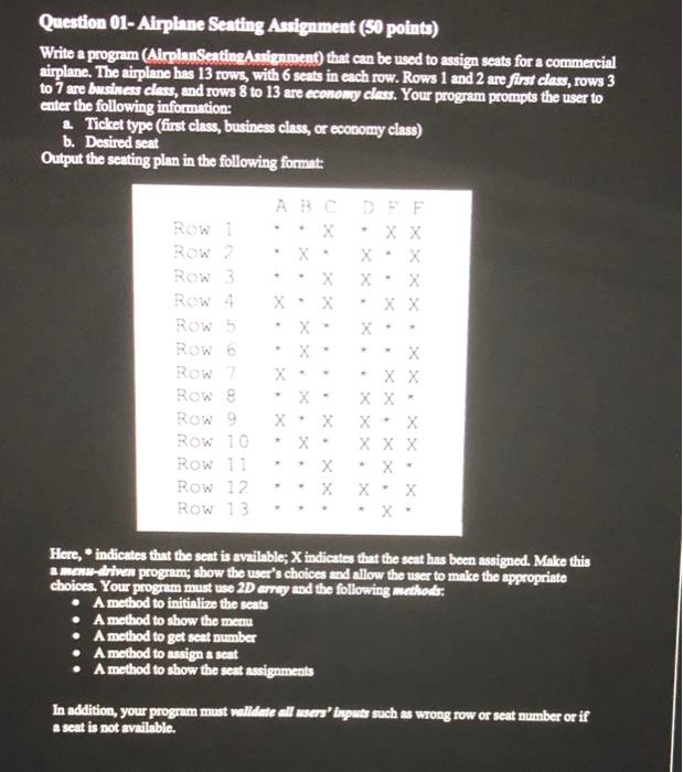 Solved Question 01- Airplane Seating Assignment (50 points) | Chegg.com