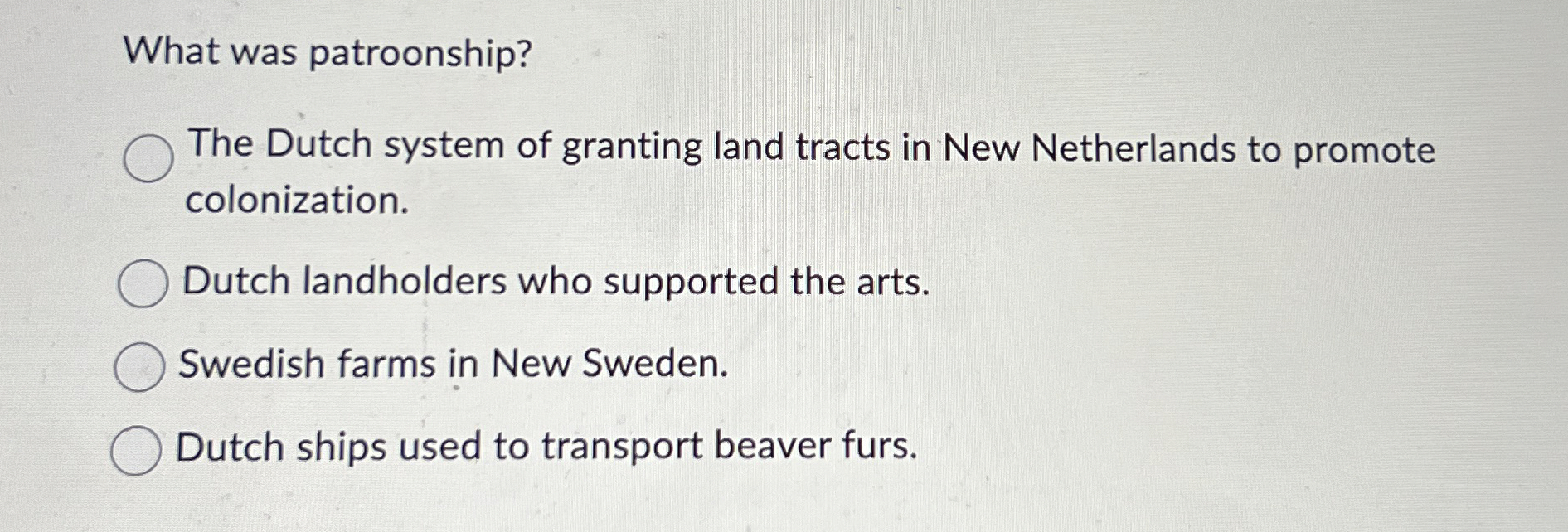Solved What was patroonship?The Dutch system of granting | Chegg.com