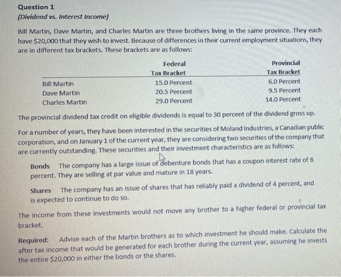 Solved Question 1 (Dividend vs. Interest Income) Bill | Chegg.com