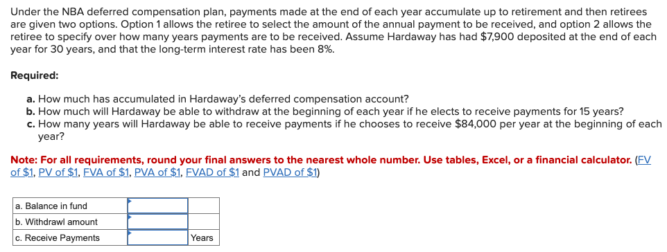 Under the NBA deferred compensation plan, payments | Chegg.com